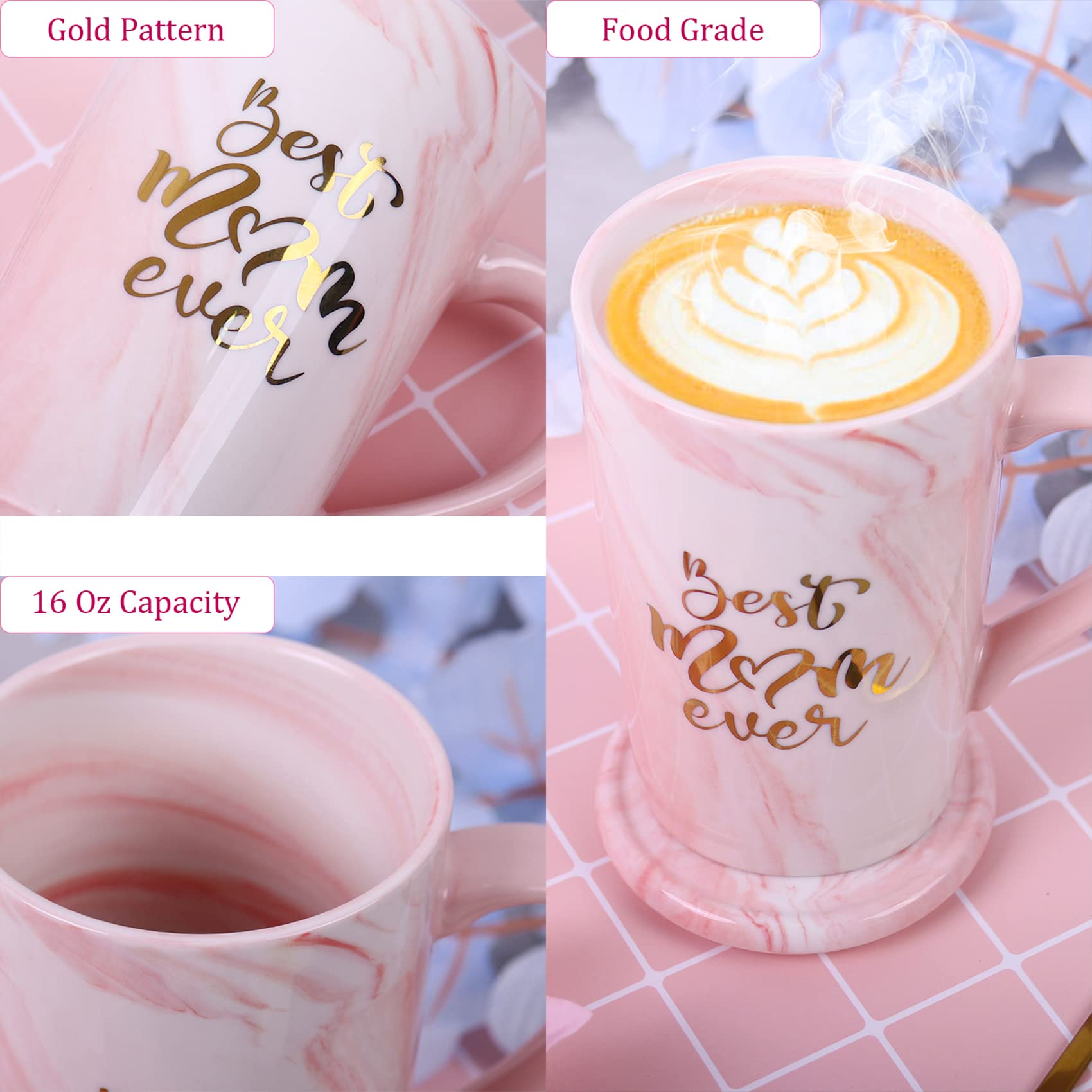 OurHonor Gifts for Mom, Best Mom Ever Coffee Mugs, Gift for Women 16 Oz Marble Pink Ceramic Novelty Tea Cup with Delicate Box for Mother's Day Chrismas