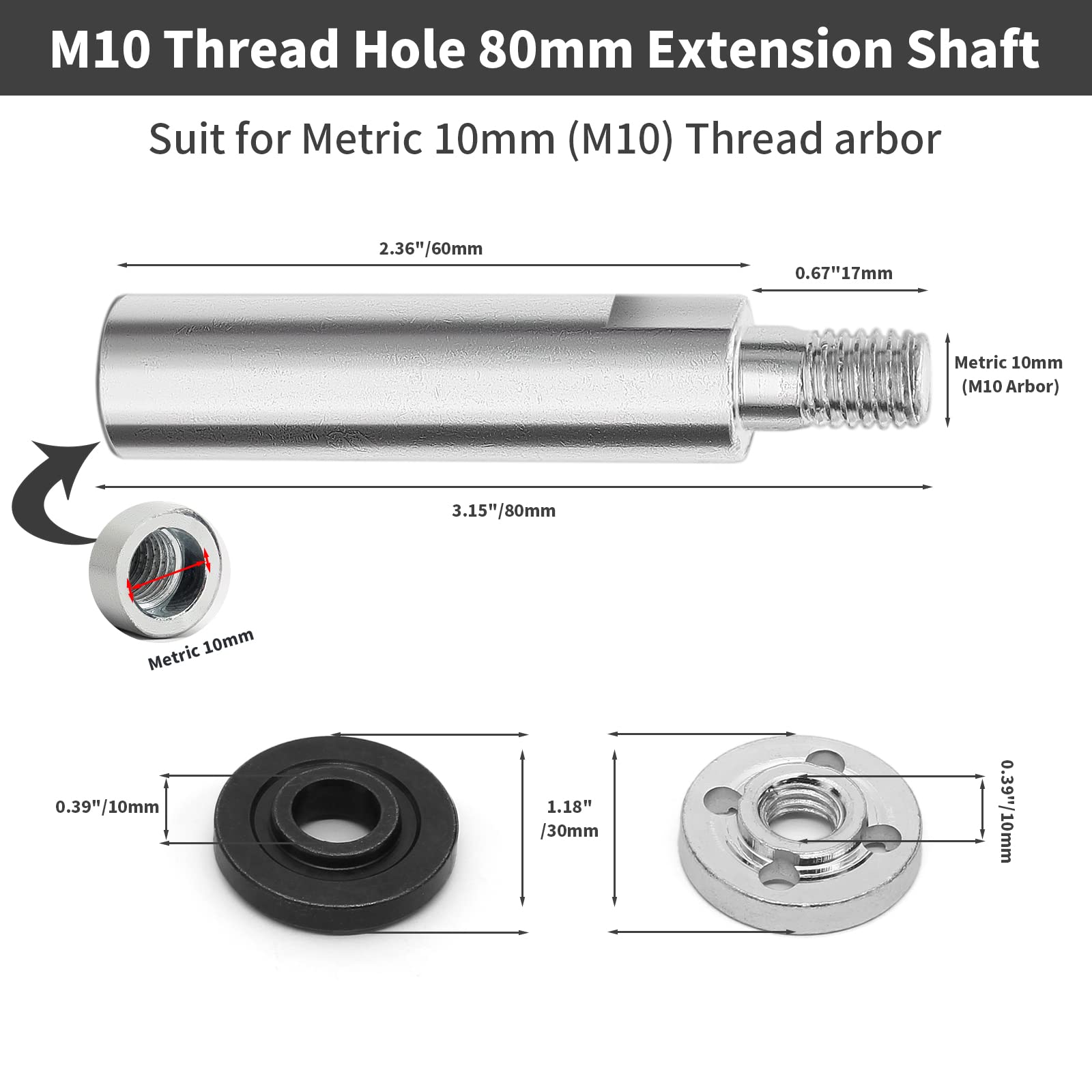 Rierdge Angle Grinder Extension Connecting Rod, 3/8" M10 Thread Hole 80mm Extension Shaft Stainless Steel Rotary Extension Shaft for 100 Type Angle Grinder, 1 Pcs