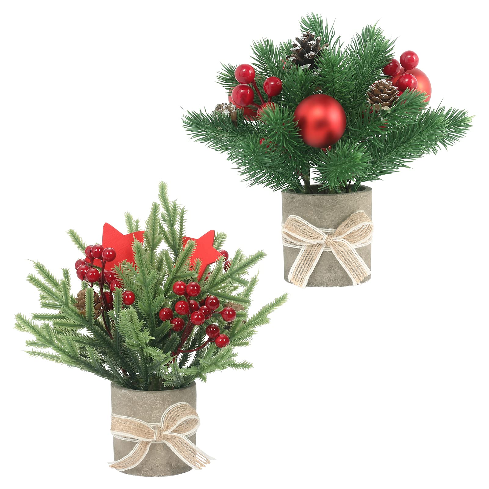 JIALEIXI 2PCS Small Christmas Tree,Tabletop Mini Xmas Tree,9" Artificial Little Potted for Christmas Decor,Suitable for Weddings, Holidays, Christmas and Other Festivals.(Red/Green)
