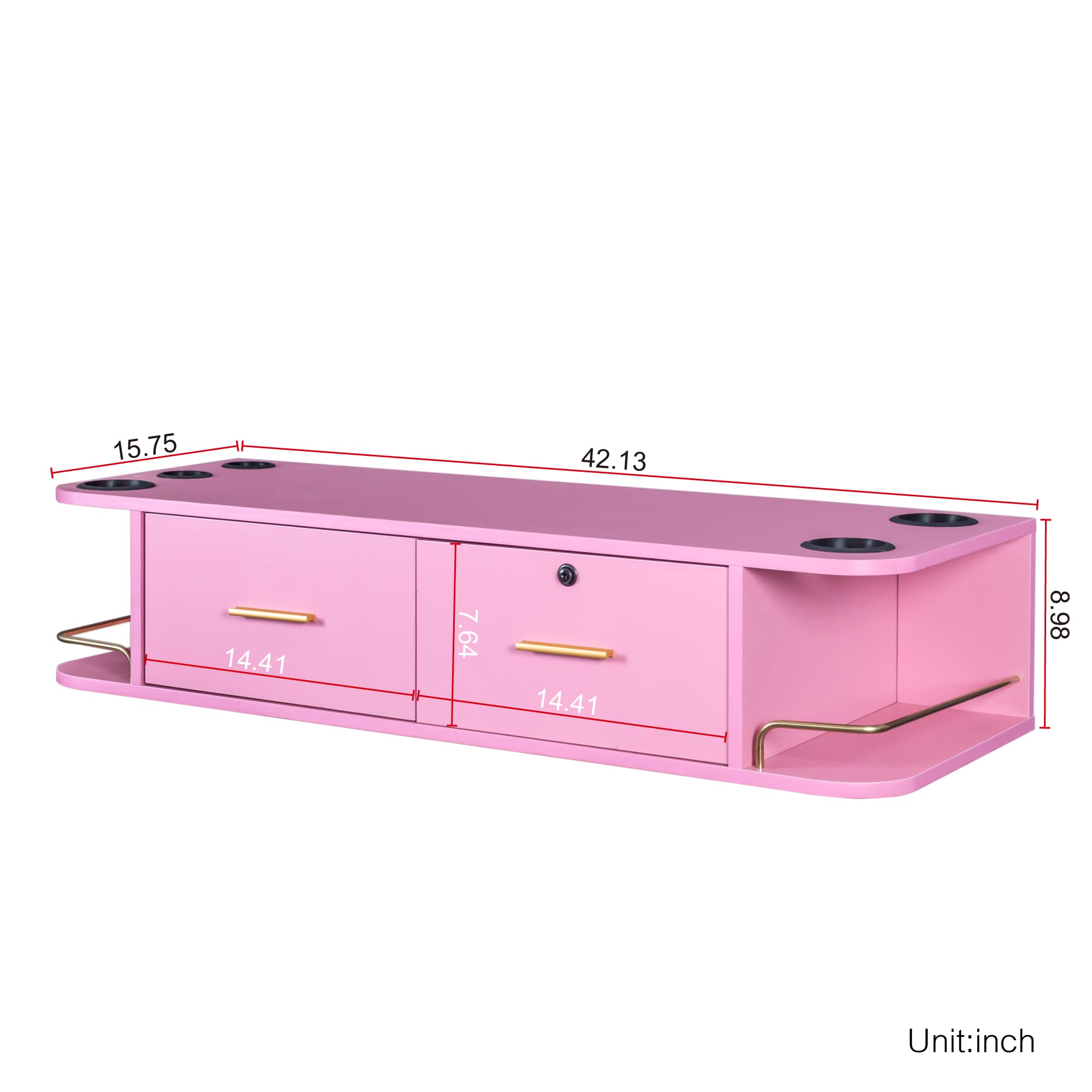 Wall Mount Makeup Vanity with Drawers,Dressing Table with Hair Dryer Holder and Side Cubbys, Barber Hair Stations for Salon Beauty Spa Equipments(Pink)