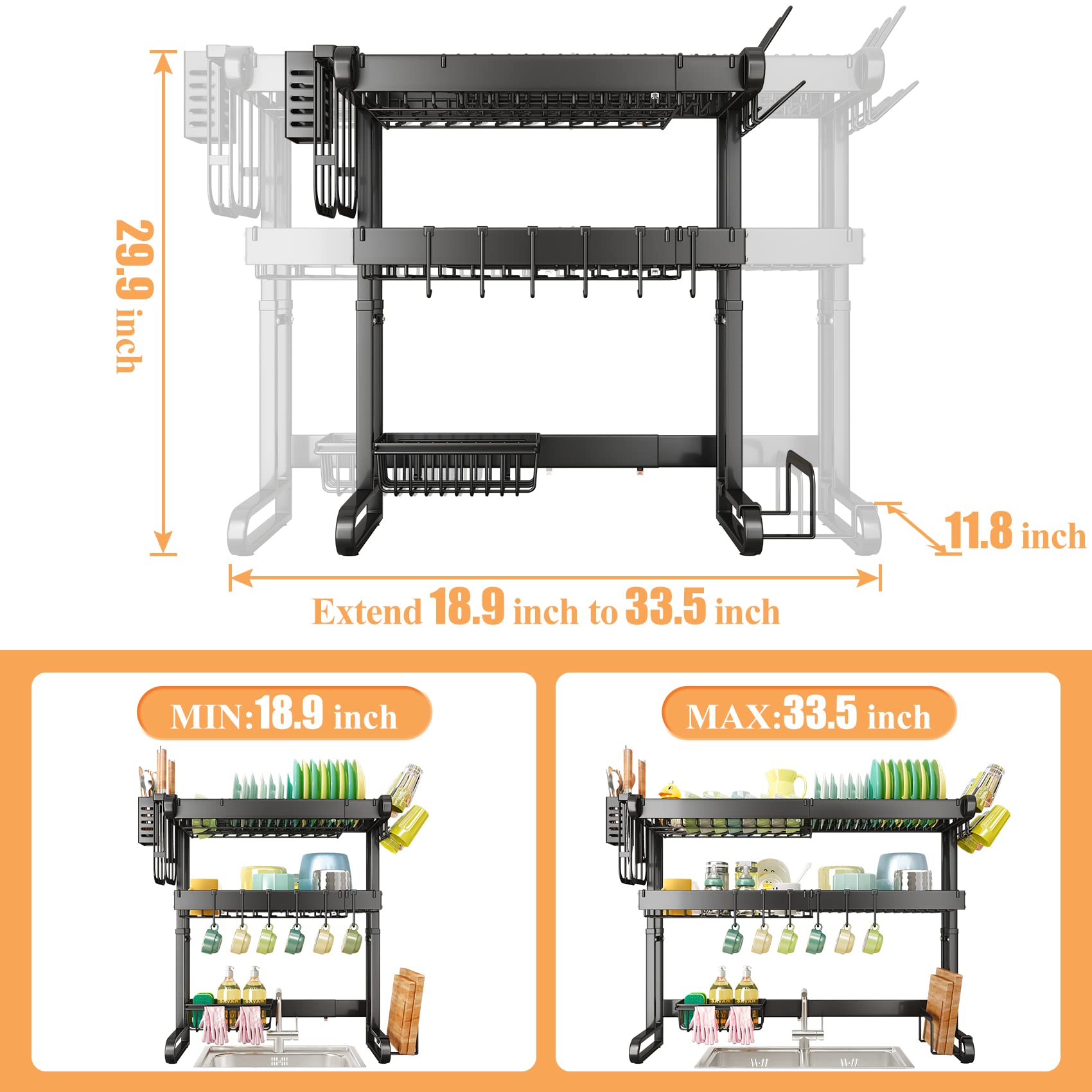 Over The Sink Dish Drying Rack, 3 Tier Adjustable Length Kitchen Counter Dish Rack Over Sink, Large Dish Drainer with Utensil Cup Holder, Black