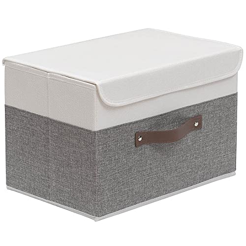OUTBROS Foldable Storage Boxes with Lids,Large Linen Fabric Foldable Storage Boxes Organizer,Closet Organizers for Clothes Storage, Office Storage 13 x 9.1 x 7.9 inch,White/Grey,1-Pack