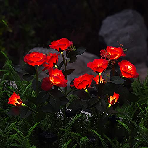 LamQee 3 Head Rose Flower Solar Powered LED Lights IP65 Waterproof Outdoor In-Ground Stake Light Lamp for Garden Stake Yard Home Decor - Pack of 1, Red