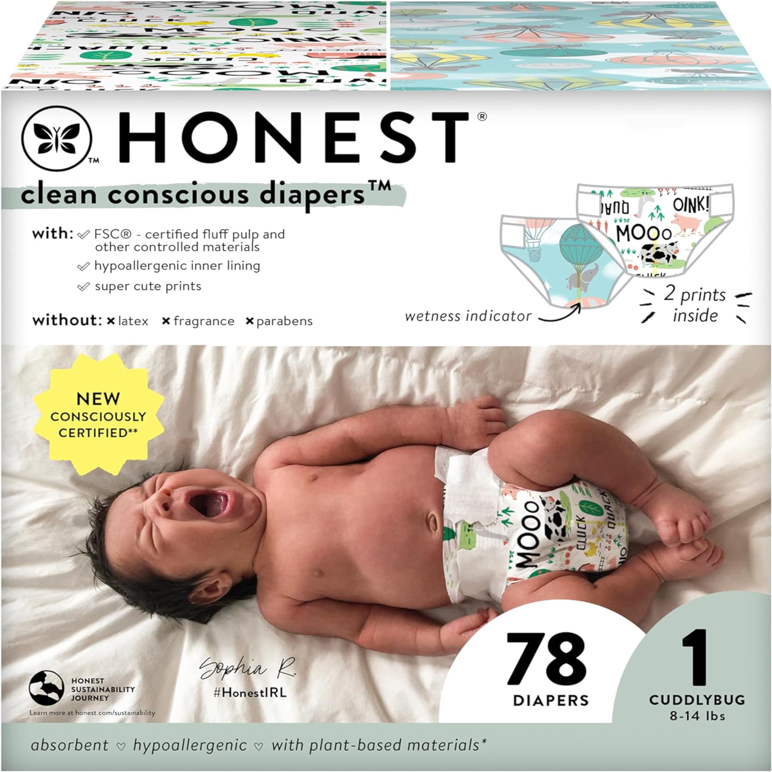 The Honest Company Clean Conscious Diapers | Plant-Based, Sustainable | Tie-Dye for + Cactus Cuties | Club Box, Size 4 (22-37 lbs), 60 Count (Pack of 2)