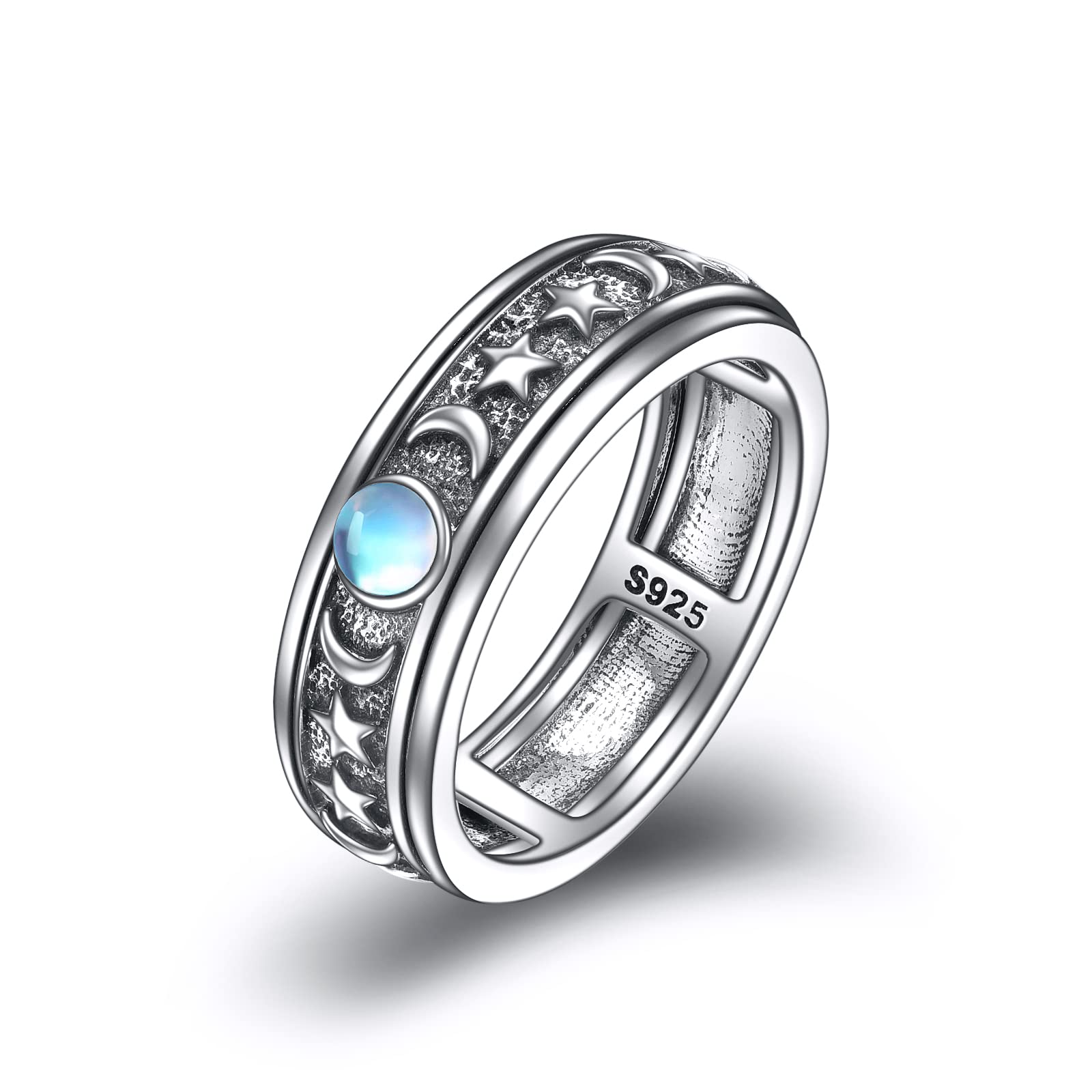 POPLYKE Sterling Silver Anxiety Spinner Rings Moonstone Moon And Star Ring Rotatable Mood Rings for Women Relieve Stress Gift(9 Size)