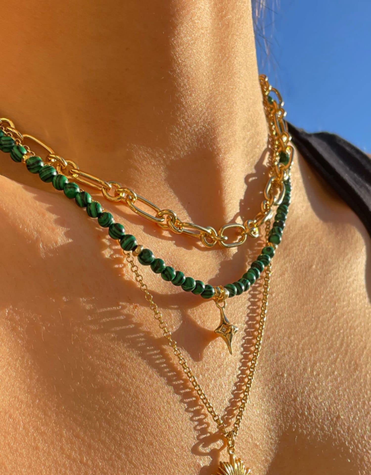 PEARLADA Boho Malachite Beaded Choker, Chakra Gemstone Necklace for Women, 18k Gold Star Charm Pendant Necklace