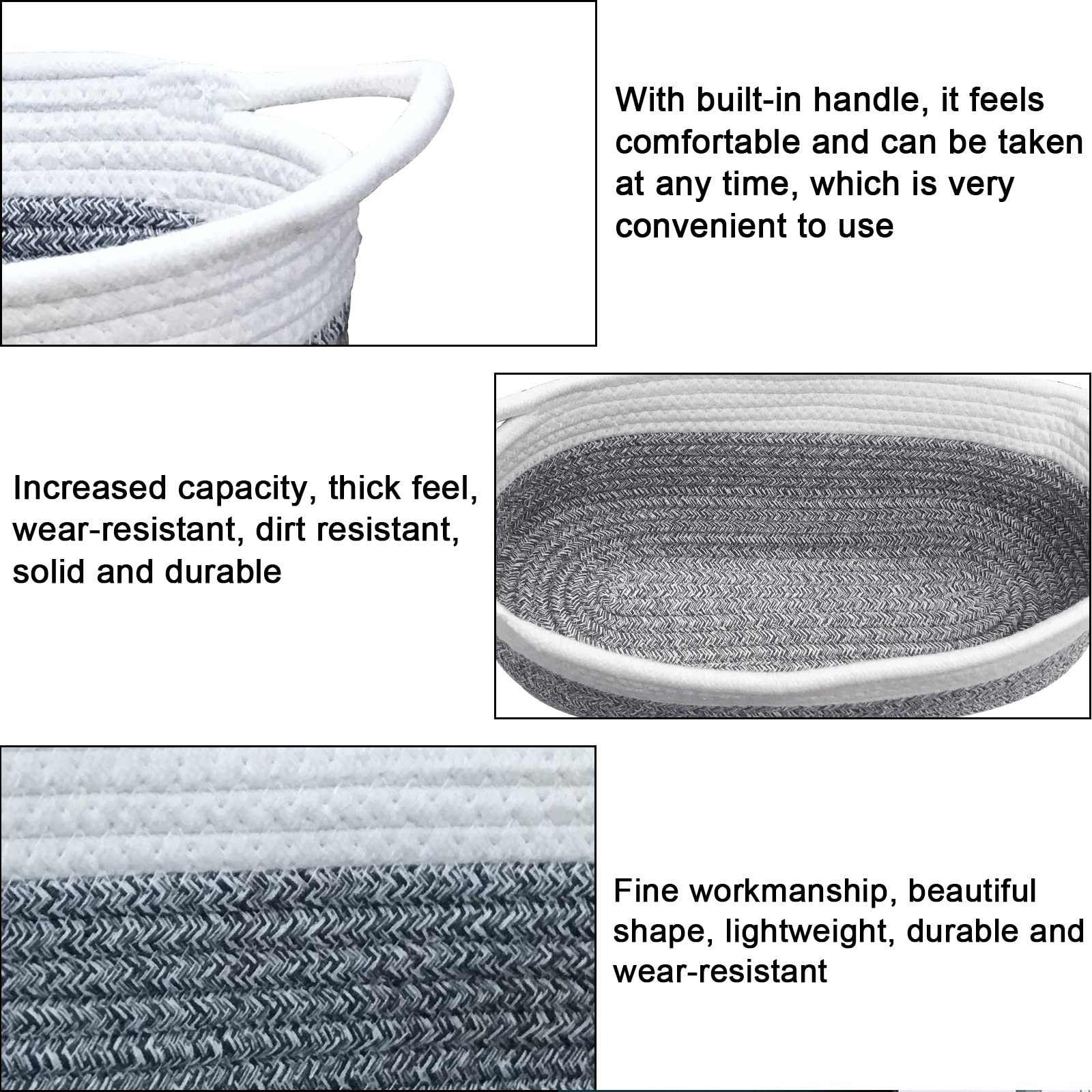 Small Woven Basket Cute Rope Basket Cotton Basket Baby Room Storage Basket Dog Toy Basket with Handles Empty Gift Basket for Shelf 13.2"x 8" x 5" Easter Basket Oval Empty Gift Basket (Grey White)