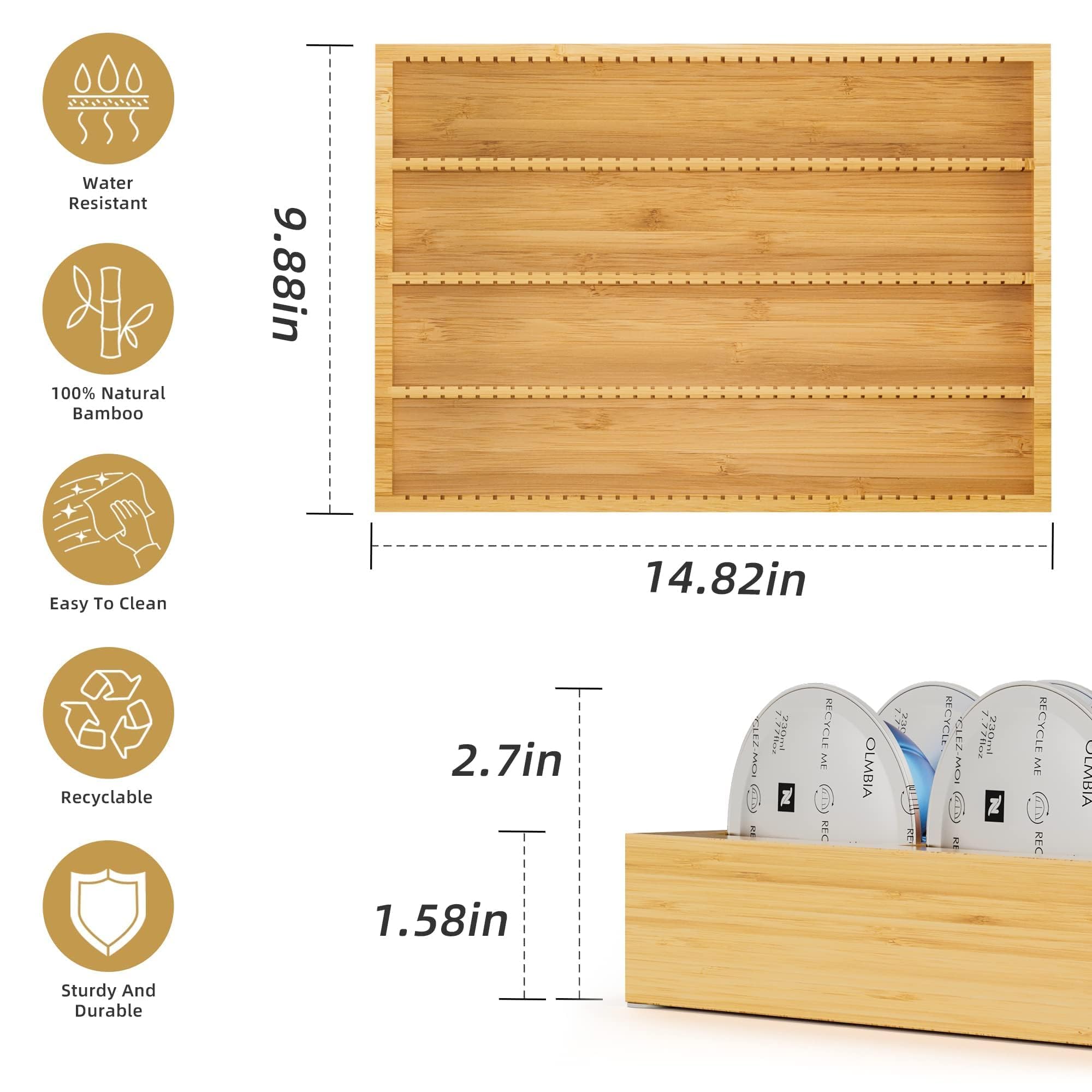 MinBoo Bamboo Coffee Pod Storage Holder Drawer Insert for Counter Compatible Nespresso Vertuo Vertuoline Capsules for Kitchen, Home, Office, Coffee Station