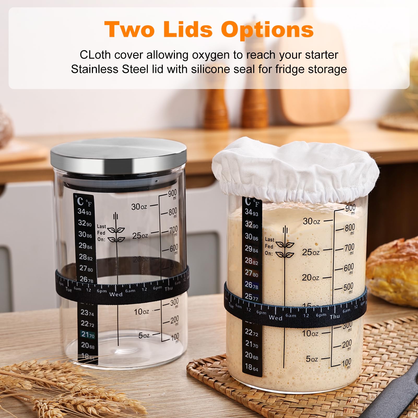 Sourdough Starter Jar 2PACK | Wide Mouth 35oz with Ounce&ML Scale line,Date Marked Feeding Band,Thermometer,Sourdough Jar Scraper,Cloth Cover & Stainless Steel Lid,Measuring Spoons,Complete Kit