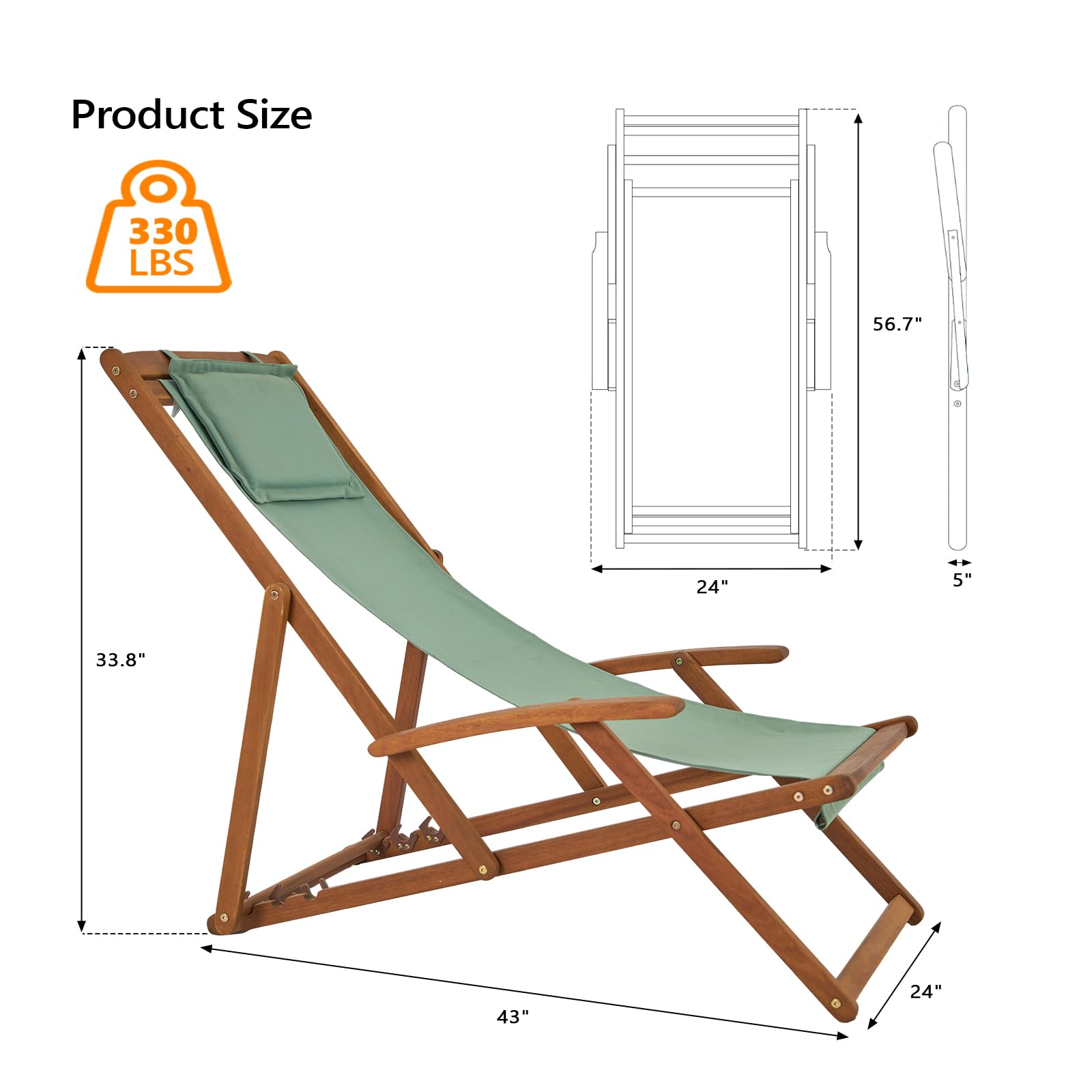 VINGLI Patio Sling Chairs, Outdoor Adjustable Beach Chair with Armrest & Pillowcase, Portable Folding Patio Lounge Chairs Chair for Porch, Poolside, Garden(1 Pack (1)
