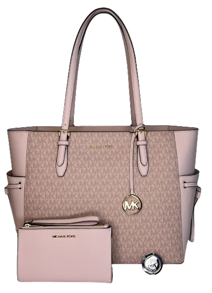 Michael Kors MICHAEL Michel Kors Gilly Large Drawstring Travel Tote bundled with Double Zip Wristlet Purse Hook (Signature MK Pink)