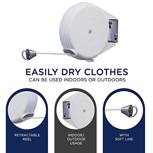 Strata Heavy Duty Retractable Clothesline Outdoor & Indoor - Portable Wall Mounted, 50 ft Single Cable Retractable Laundry Line for Wet & Dry Clothes