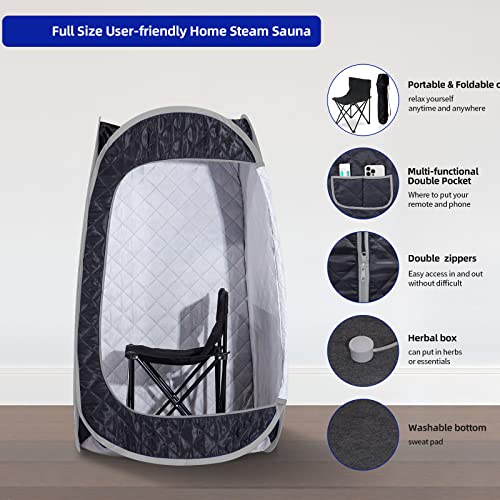 Smartmak Portable Steam Sauna, Full Body Personal Home Spa, Foldable Saunas Tent with 4L & 1500W Steam Generator, 16 Levels Remote Control, Upgraded Chair Included for Relaxation, Panoramic Black Grey