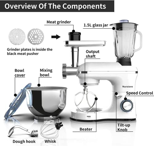 Nurxiovo Kitchen Stand Mixer, Multifunctional 3 in 1 Food Mixer Tilt-Head 850W Dough Machine with 6-1/2 Qt Stainless Steel Bowl, Hook, Whisk, Beater, Meat Blender and Juicer, White