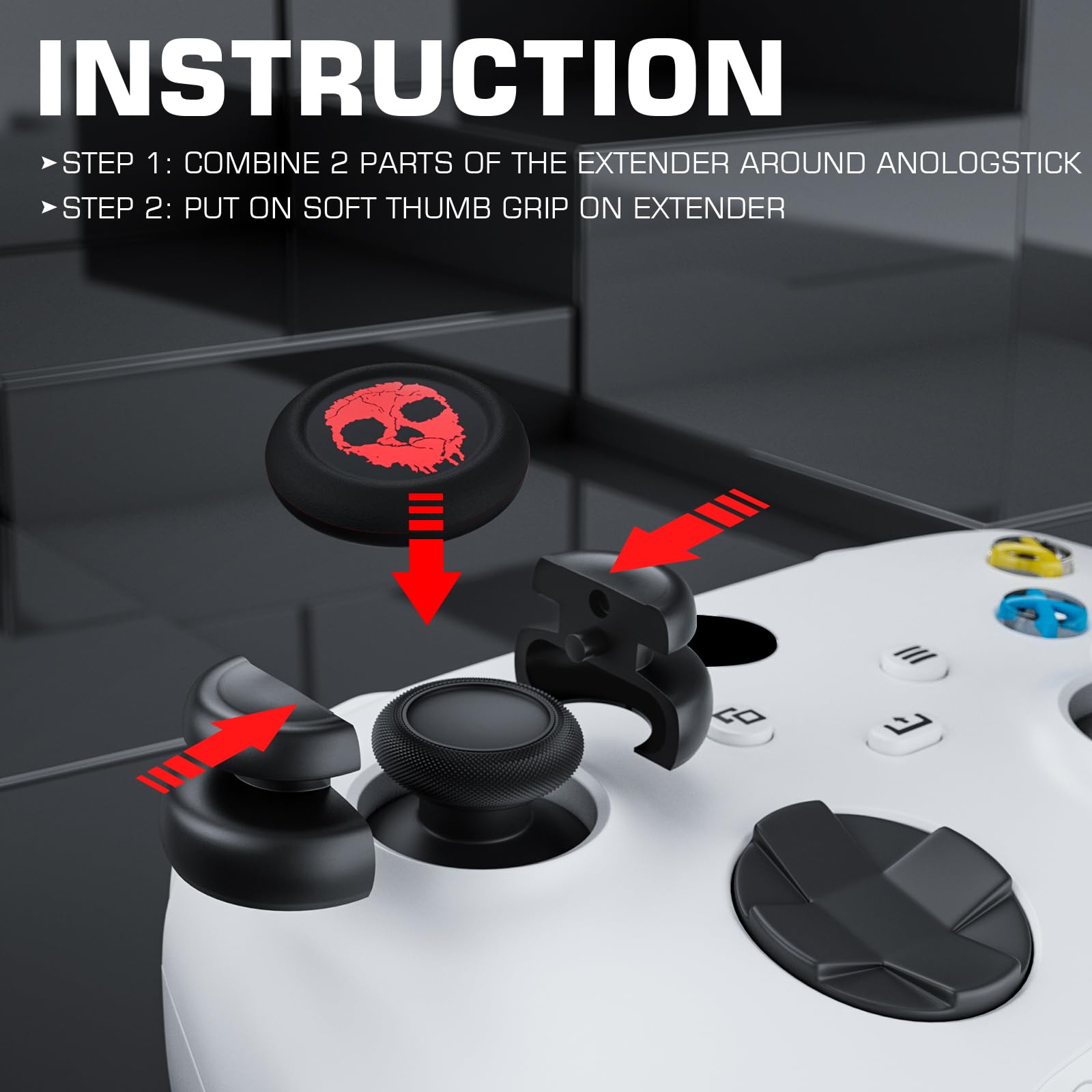 PlayRealm NO Falling Off Thumbstick Extender & Silicone Grip Cover 2 Sets for Xbox Series X/S & Xbox One S/X Controller(Ghost Red)