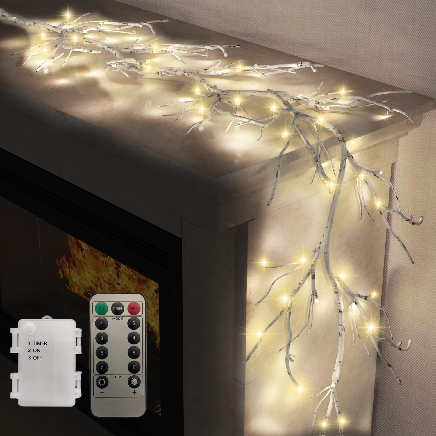 Lighted Garland with Birch Twigs, Hypestar 6FT Lighted Garlands with 48 LEDs for Christmas Decorations indoor, Birch Garland with Lights and Timer for Christmas (Battery Operated Birch Garland)
