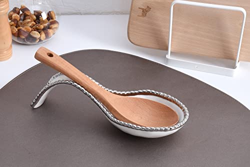 Pampa Bay Salerno Platinum Spoon Rest, 4-inches, Porcelain and Titanium, White and Silver