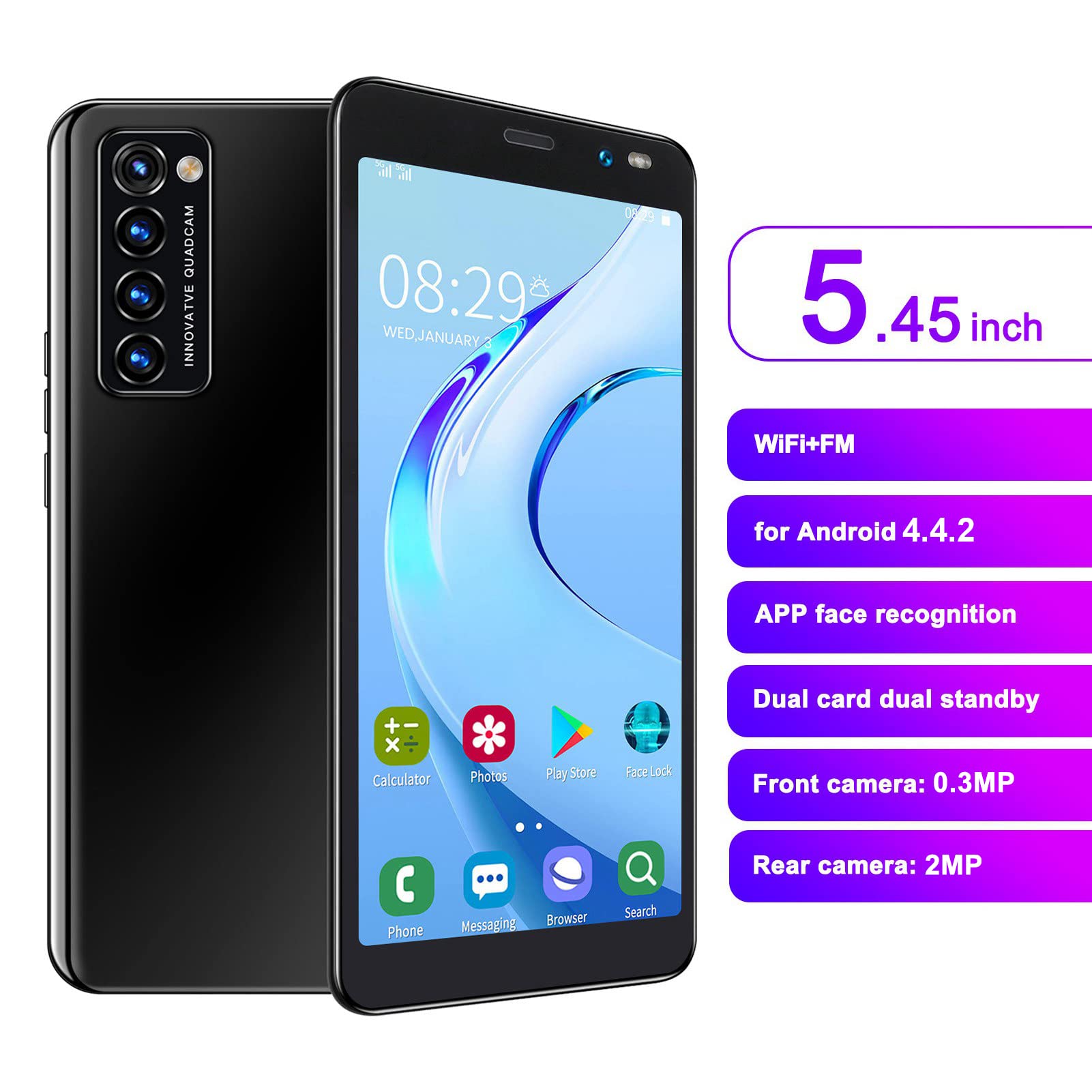 Rino4 Pro Unlock Smartphone, 5.45in HD Full Screen Dual Sim Cards Cell Phones, 1G 8G MTK6572 Mobile Phone with Face Unlock Function for Android(Black)…