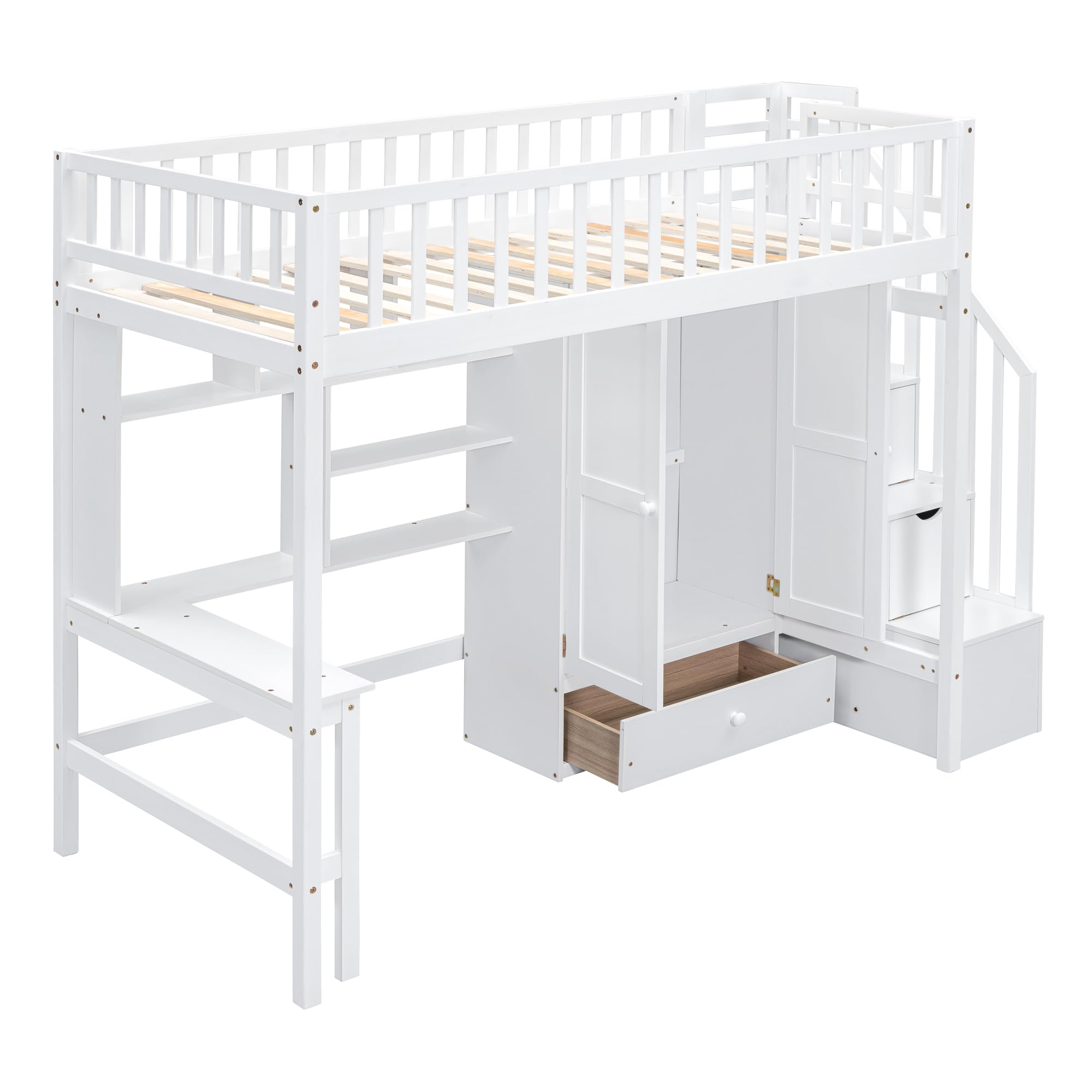Merax Twin Loft Beds Stairway Loft Bed Frame with Wardrobe, Desk, Bookshelf and Drawers, White