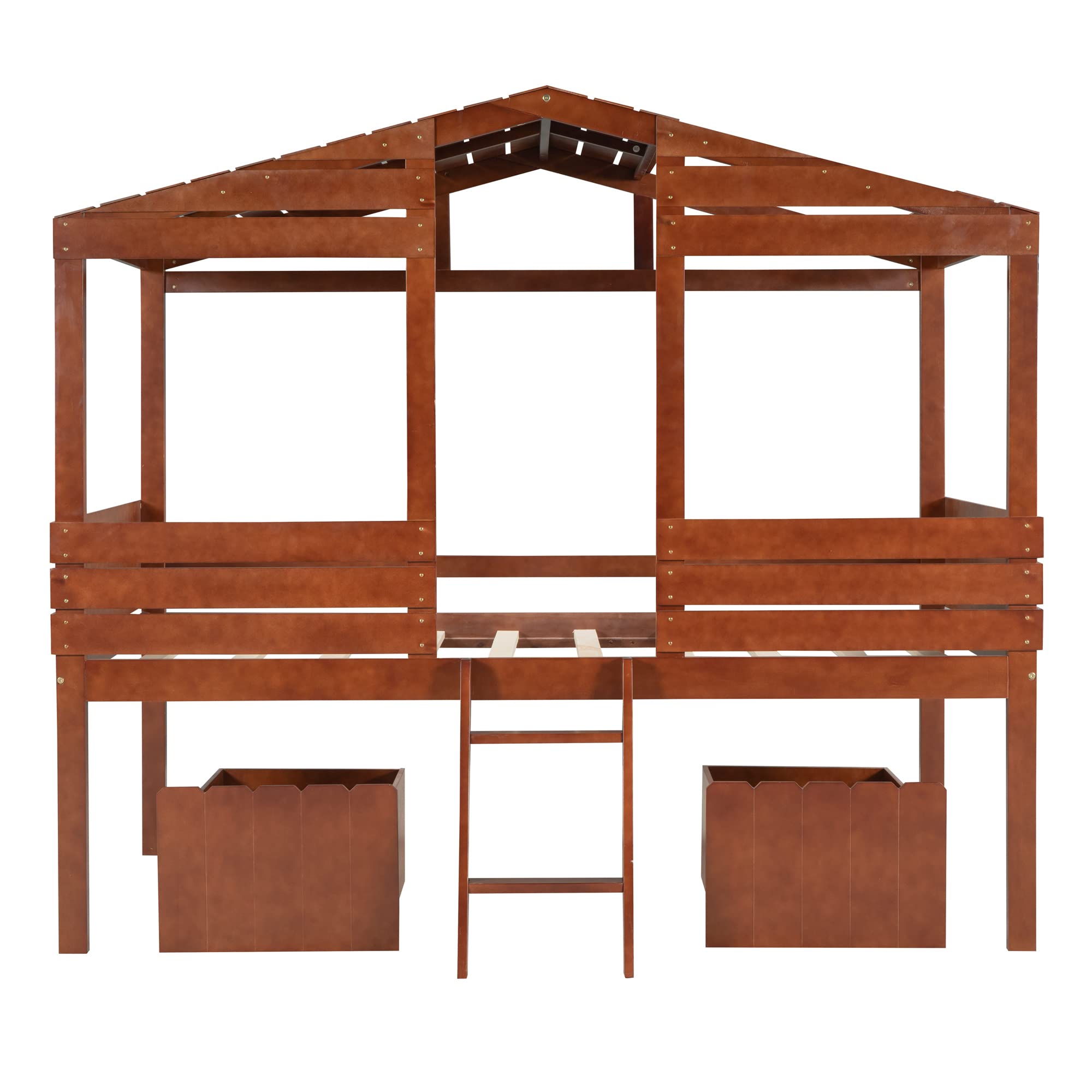 Merax Twin Montessori Loft Bed Frame with Drawers and Ladder Low Loft Bunk Bed for Kids Juniors, No Box Spring Needed, Walnut