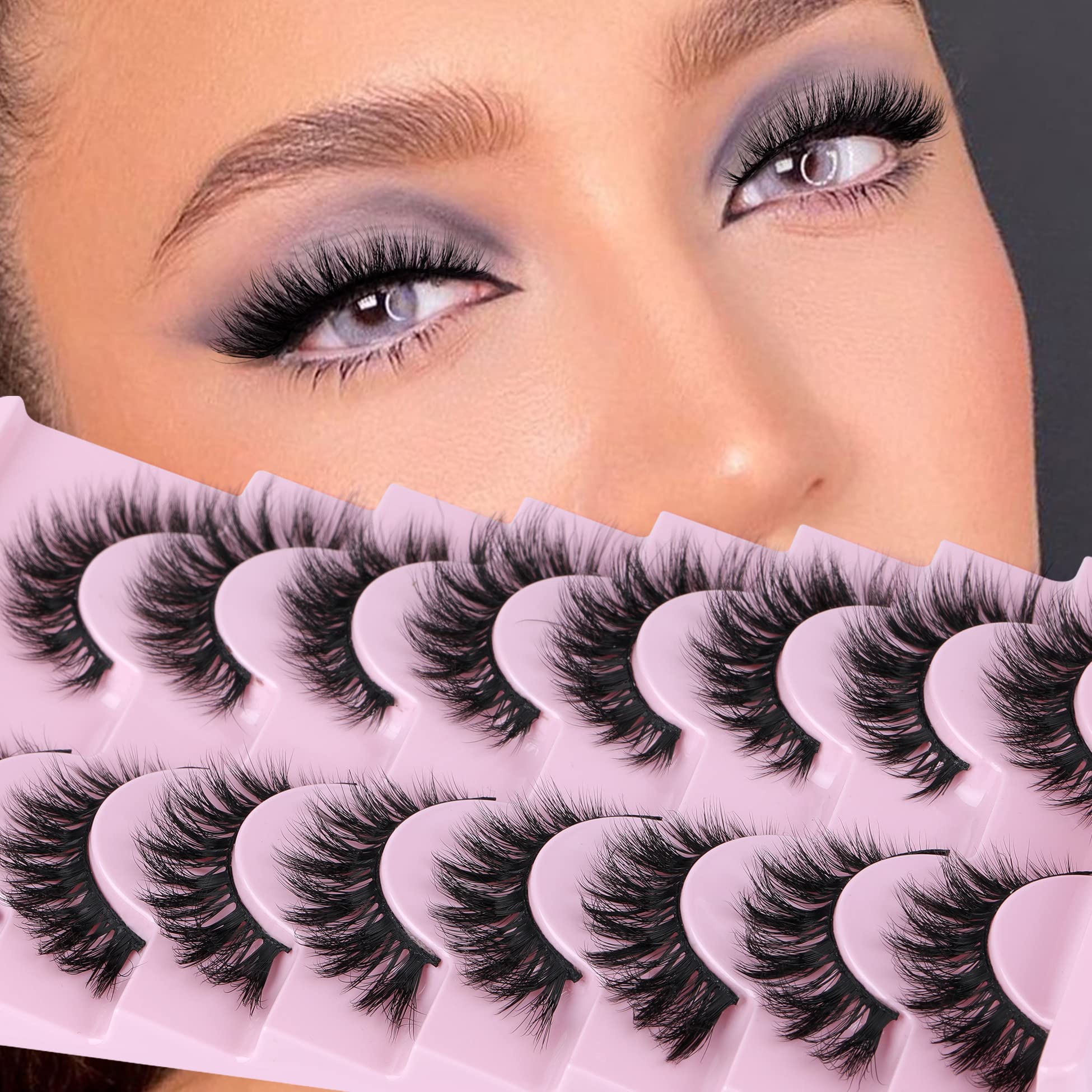 Lashes Cat Eye Natural Eyelashes Wispy 3D Curly Short Crisscross Mink Lashes 8 Pairs Fluffy Fake Eyelash Pack by Mavphnee