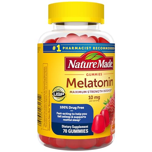 Nature Made Melatonin 10mg per serving Gummies, Maximum Strength Dosage, 100% Drug Free Sleep Aid for Adults, 70 Melatonin Gummies, 35 Day Supply