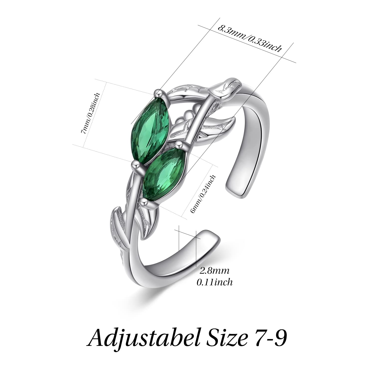 PRAYMOS Leaf Rings 925 Sterling Silver Cubic Green Zircon Adjustable Open Leaf Ring Handmade Jewelry Women's Wedding Engagement Ring