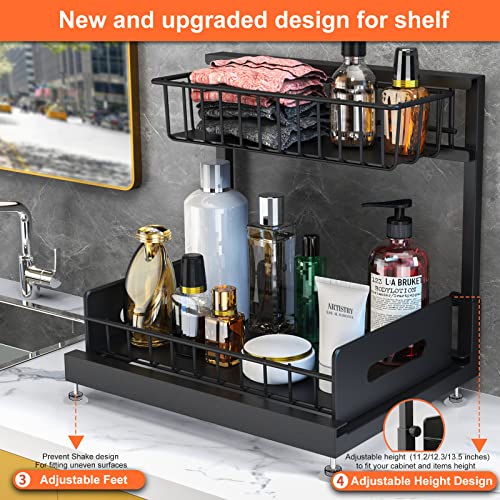 Under Sink Organizer,Pull Out Cabinet Organizer 2 Tier Slide Out Sink Shelf Cabinet Organizer and Storage,Adjustable Metal Under Counter Organizers Multi-Use for Under Kitchen Bathroom Organization