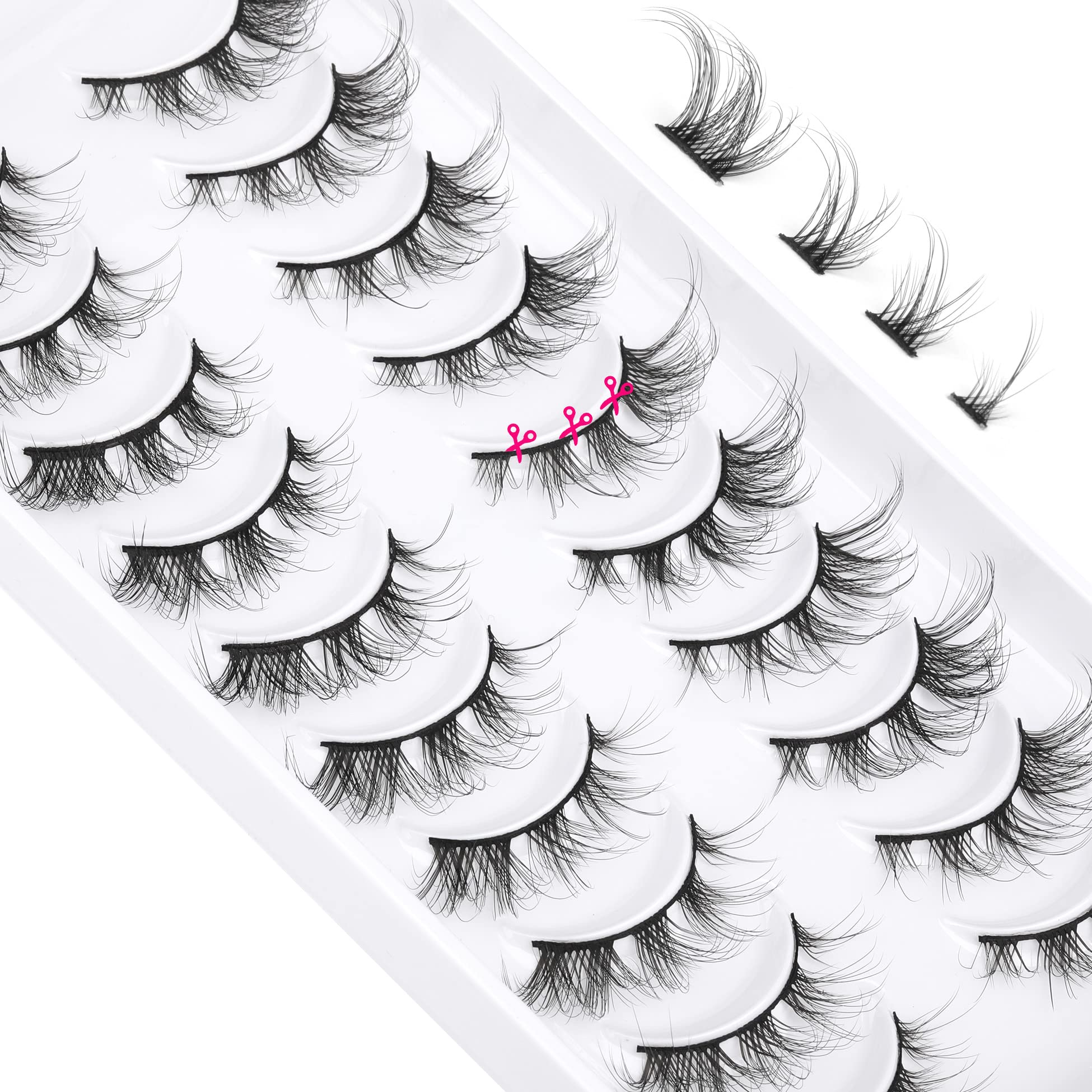 Lashes Natural Look Wispy False Eyelashes Fluffy Lashes Mink Cluster Eyelashes Cat Manga Anime Fake Eyelashes 10 Pairs Strip Eye Lashes Pack ALICROWN Black