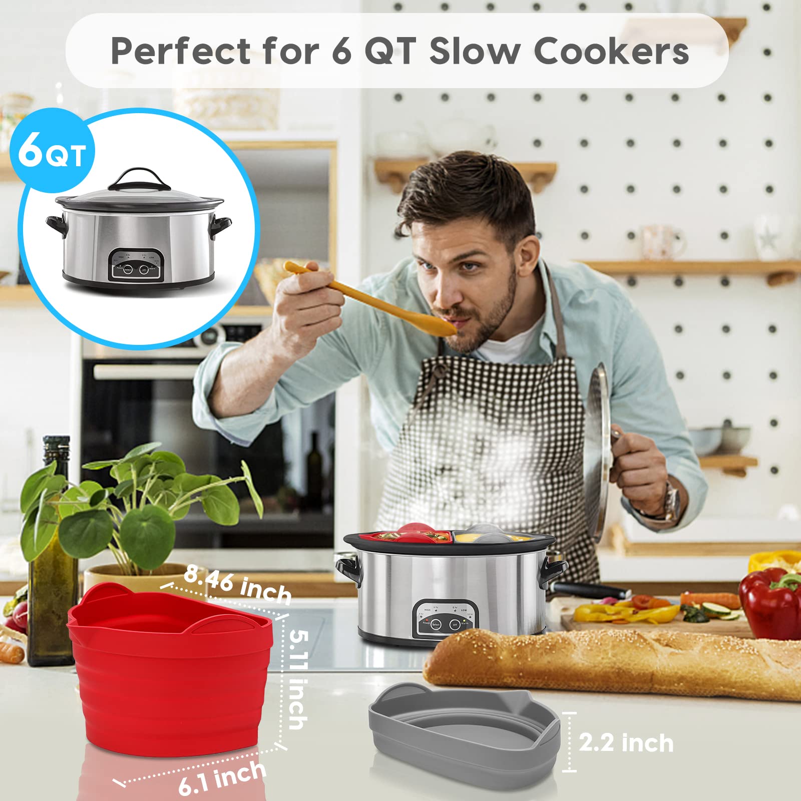 MMH Slow Cooker Divider Liner Fit for Crockpot & Hamilton Beach 6-7 Quart, Silicone Crock Pot Cooking Liners Inserts | Reusable & Leakproof | BPA Free | Dishwasher Safe | Red+Gray