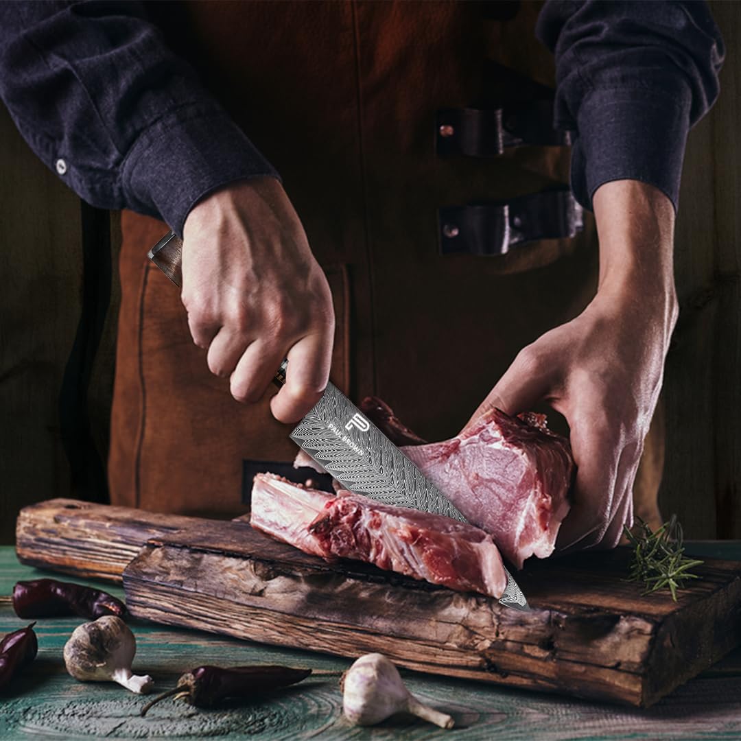 Paul Brown's™ Japanese AUS10 Damascus Steel 8 inch Chef Knife Sapele Wood Handle Arrow Pattern 67 Layers Sharp Kitchen Knife with Pine wood Gift box and Leather Sheath