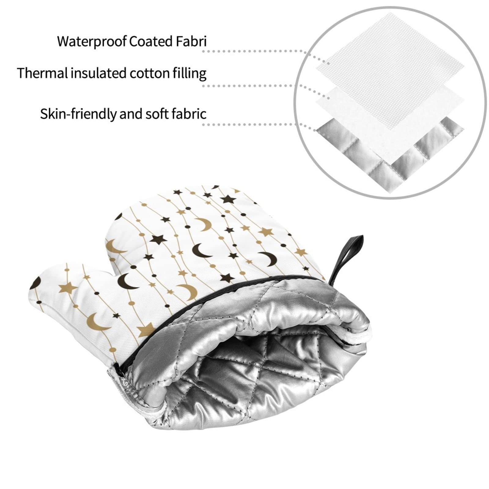 Oven Mitts and Pot Holders Sets 4 Piece, Black Gold Moon Stars Oven Gloves Heat Resistant Non-Slip for Kitchen Cooking Grilling Baking