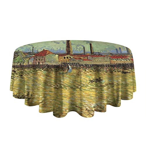 Round Waterproof Tablecloth Van-Gogh-Factories-at-Asni¨¨res-Viewed-from-the-Clichy's-Quay,-Paris-[1887]- for Kitchen Dining/Party/Wedding Use Reusable Table Cover