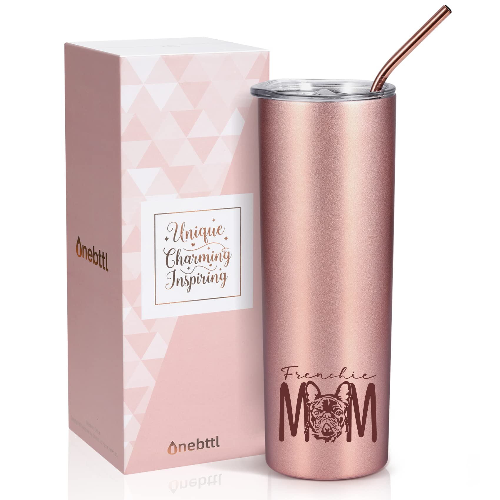 Onebttl Dog Mom Gifts, Dog Lover Gifts for Women, Best Dog Mom Ever, 20 oz Rose Gold Insulated Tumbler - Frenchie Mom