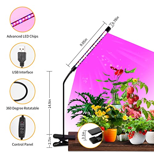 PYLYFE Full Spectrum Plant Grow Light, Grow Lights for Indoor Plant, Clip-on Full Spectrum Grow Light, Flexible Gooseneck, Automatic Timer, 4 Brightness Levels for Seedling Growing Blooming Fruiting