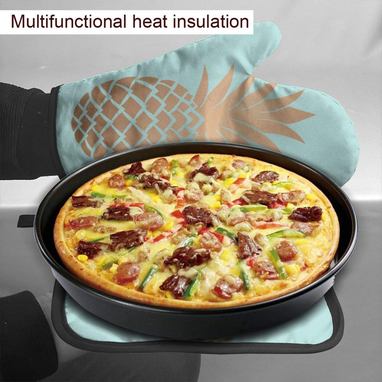 MSGUIDE Gold Pineapple Mint Green Oven Mitts and Pot Holders, 356℉ Heat Resistant Oven Gloves Soft Cotton Lining Gloves for Kitchen, Cooking, Baking, Grilling, BBQ