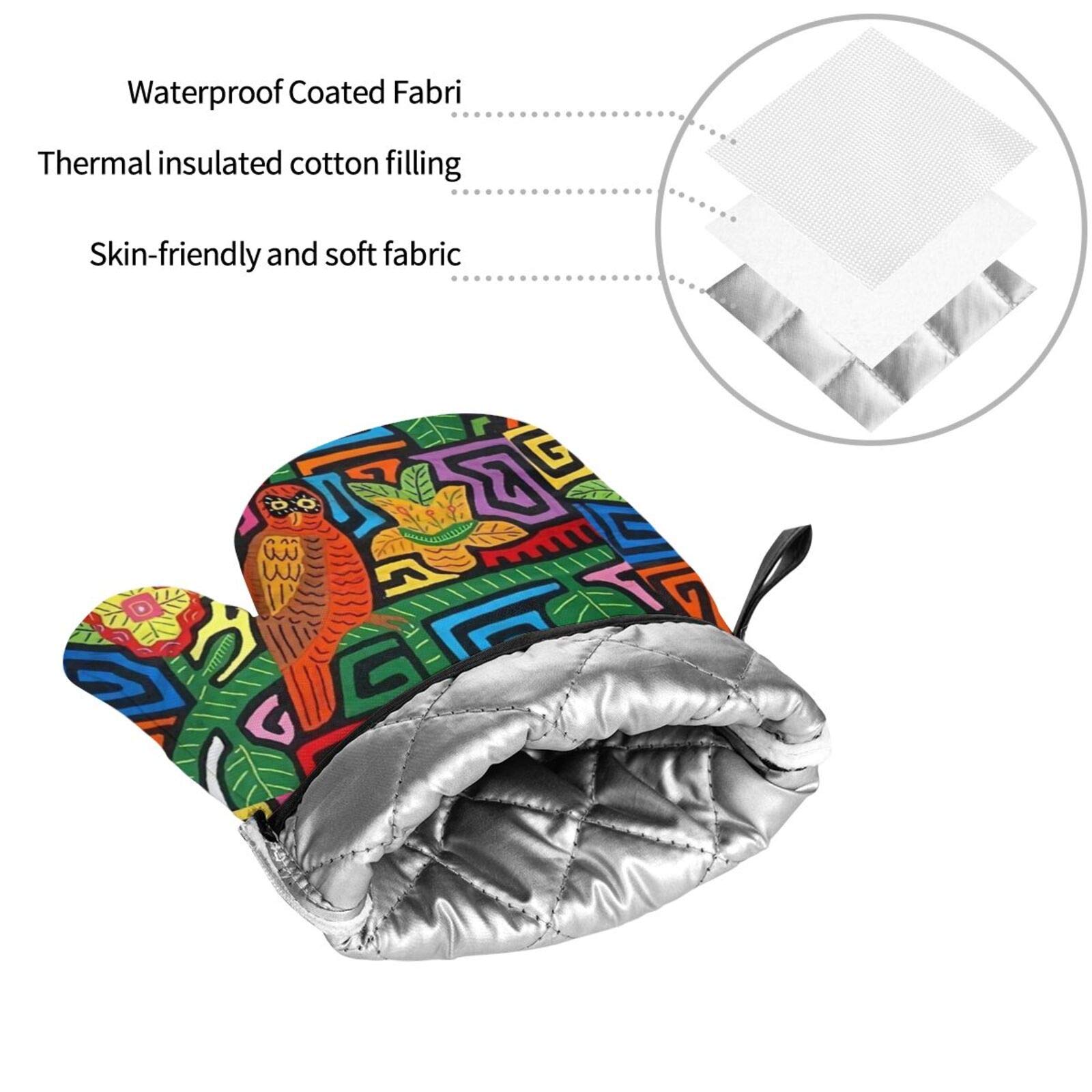 Mola De Panama Oven Mitts and Pot Holders Sets for Kitchen - Heat Resistant BBQ Oven Gloves - Polyester Printing Non-Slip Surface Set of 4