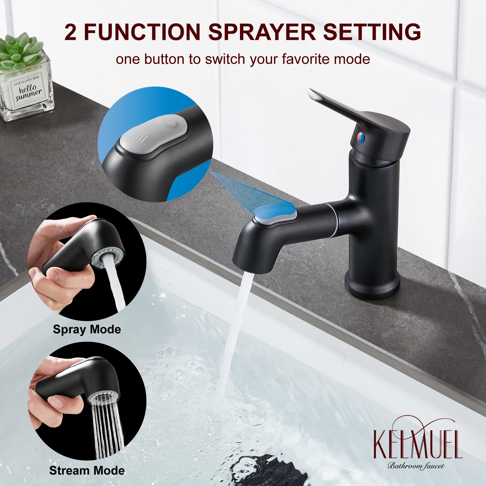 Kelmuel Single Hole Pull Out Faucet,Matte Black Sink Faucet Bathroom,Pull Down Sprayer Single Handle Pull Out Faucet for Bathroom RV Office Sinks