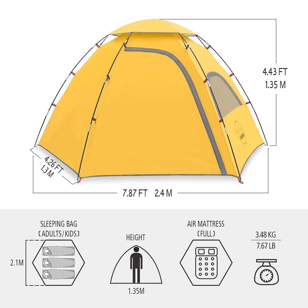 KAZOO Outdoor Family Tent Durable Lightweight, Waterproof Camping Tents Easy Setup, Beach Screen Tent Sun Shade 3 Person (Yellow)