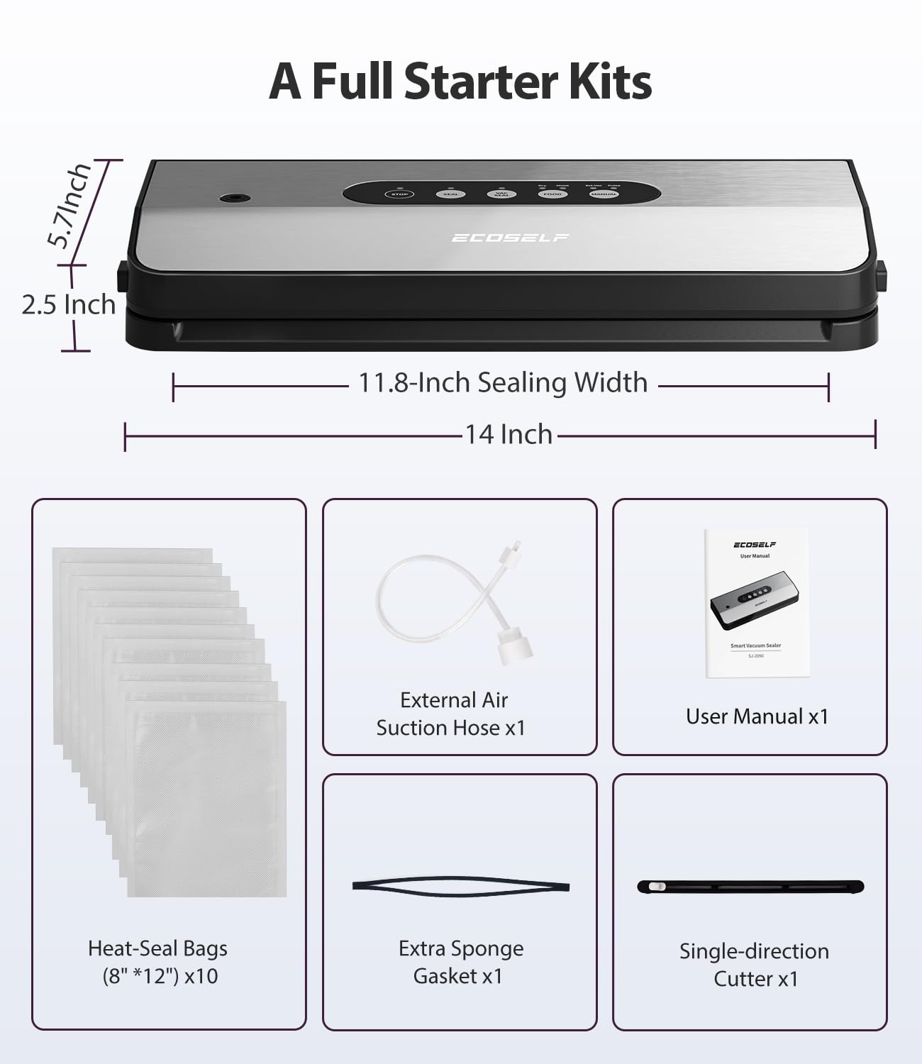 Vacuum Sealer Machine, with 8-in-1 Function& Detachable Tray& Cutter& 10 Bags, Food Vacuum Sealer Saver Machine for Food Storage & Sous Vide,Automatic Sealing Machine,EXT-VAC,Stainless Steel