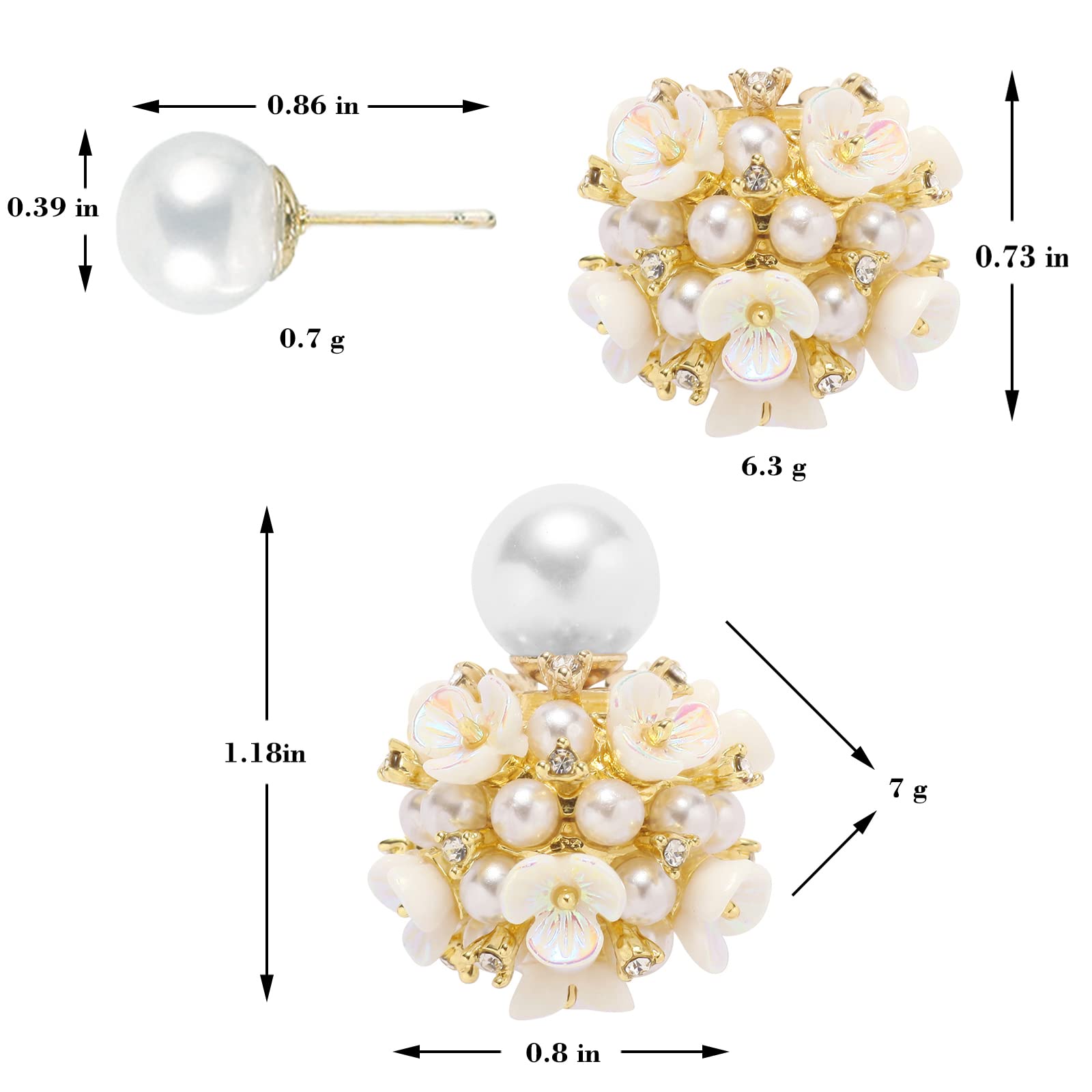 Numgug Shell Flower Pearl Earrings Ball Pearl Double Sided Stud Front Back Earrings for Women 14k Gold Plated Inlaid Created Zircon Pearl Stud (A-Golden)1