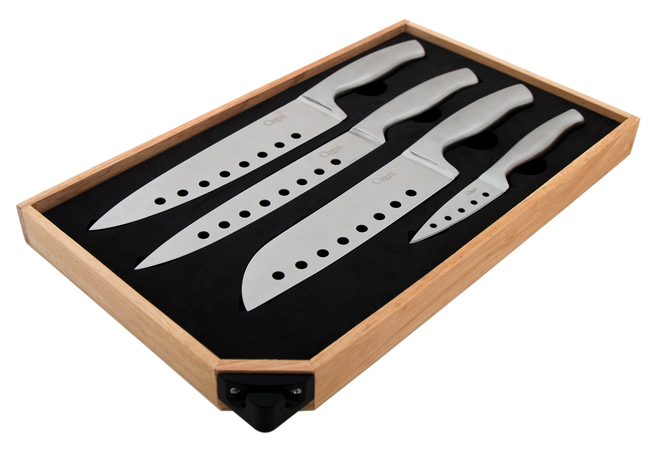 Ozeri 5 Piece Knife and Sharpener Set with Japanese Stainless Steel Slotted Blades, Stainless Steel