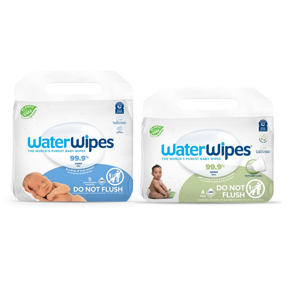WaterWipes Bundle, Original 300 Count (5 packs) & Textured Clean Wipes 240 Count (4 packs), Plastic-Free, 99.9% Water Based Wipes, Unscented, Hypoallergenic for Sensitive Skin, Packaging May Vary