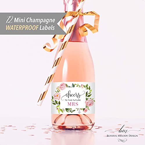 Set of 12 Blush Pink Floral Bridal Shower Mini Champagne Bottle Labels, WATERPROOF Polyester Mini Wine Bottle Labels, Cheers to the Future Mrs, Bachelorette Party