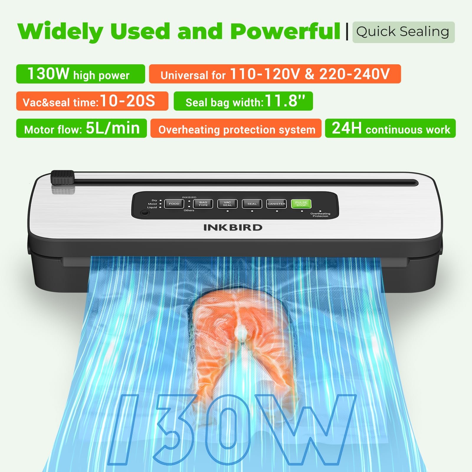 Vacuum Sealer Machine, INKBIRD Powerful 130W High Power with Liquid/Moist/Dry 6-Food Modes, Compact Food Preservation System with Cutter, Full Start Kit with Pre-cut Bags*10 (8''*11.8''), EXT-VAC
