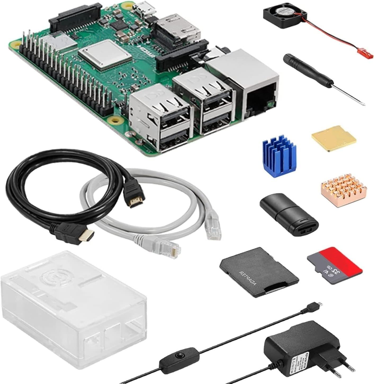 RasTech Pi 3 Model B Starter Kit with 32GB Card HD Cable Network Cable 5V 3A Power Supply with ON/Off Case Cooling Fan, 3 Heatsinks Card Reader Screwdriver