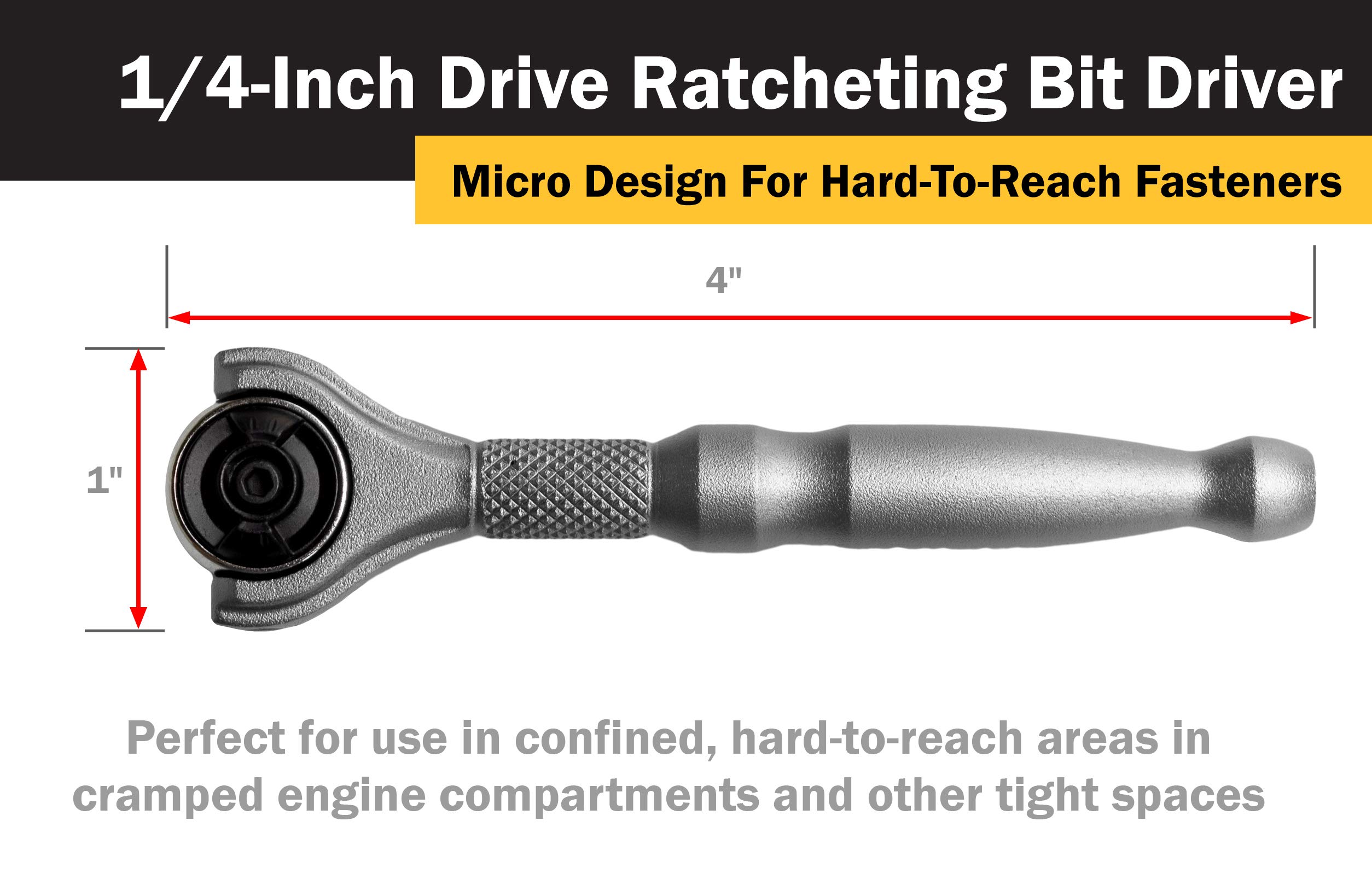 Titan 11318 1/4-Inch Drive x 4-Inch 90-Tooth Swivel Head Micro Ratcheting Bit Driver - Silver