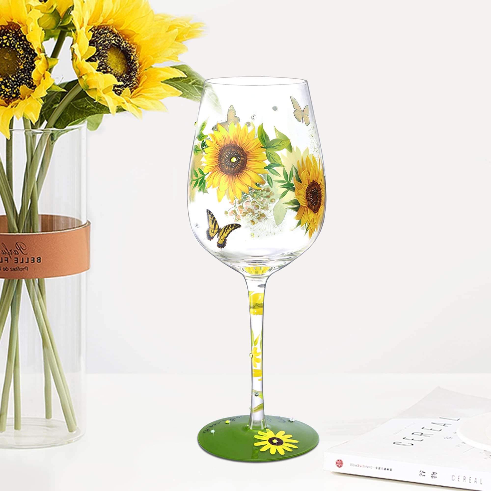 NymphFable Hand-painted Wine Glass Sun Flower Butterfly Artisan Painted 15oz Personalised SunFlower Gifts for Women