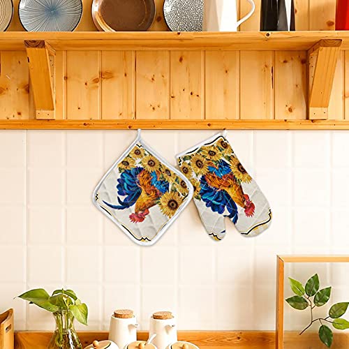 Oven Mitts Set Non-Slip Kitchen Gloves with Potholders Farm Country Rooster And Sunflower On Yellow Buffalo Plaid Super Insulated Mitt Set for Baking,Grilling,BBQ 2Pcs
