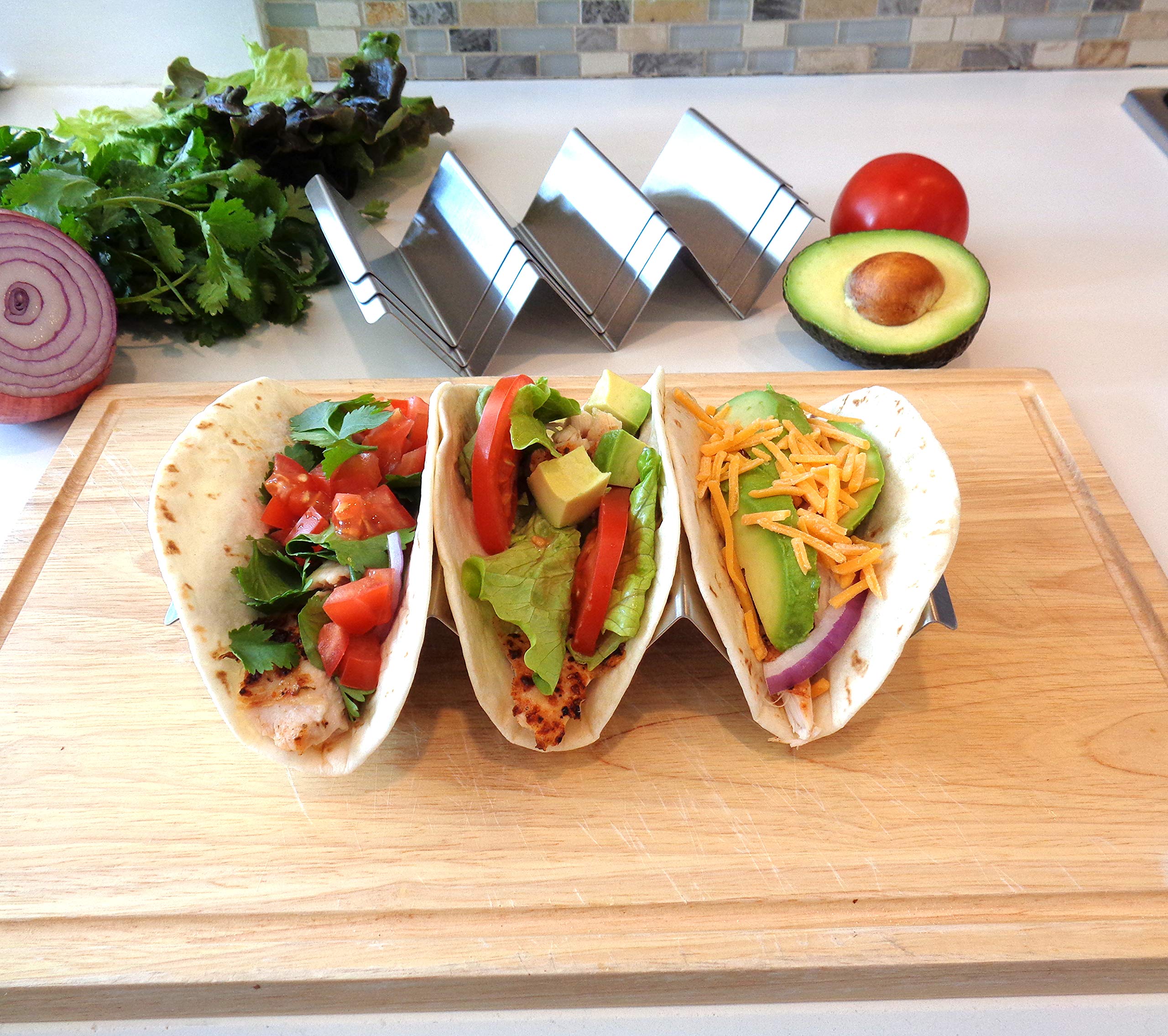 OH Ovation Home 6 Pack Stainless Steel Taco Holders with Handles - Holds 3 Tacos Each (6)